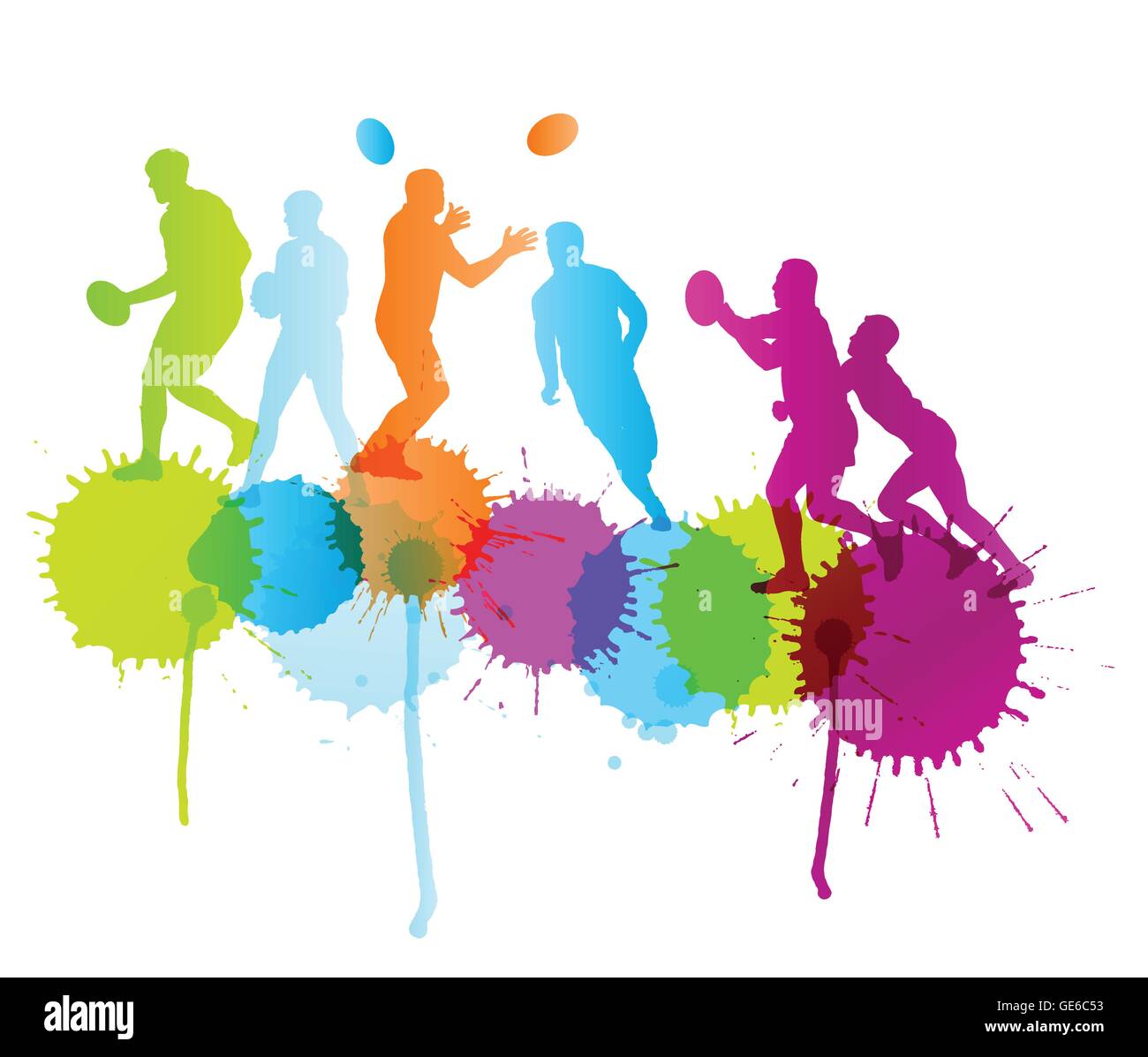 Rugby player active sport vector background concept with color splashes ...