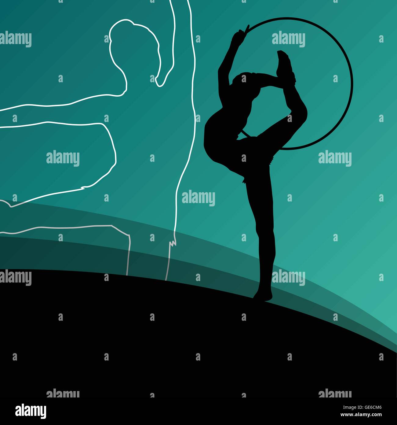 Active young girl gymnasts silhouettes in acrobatics spinning rings ...