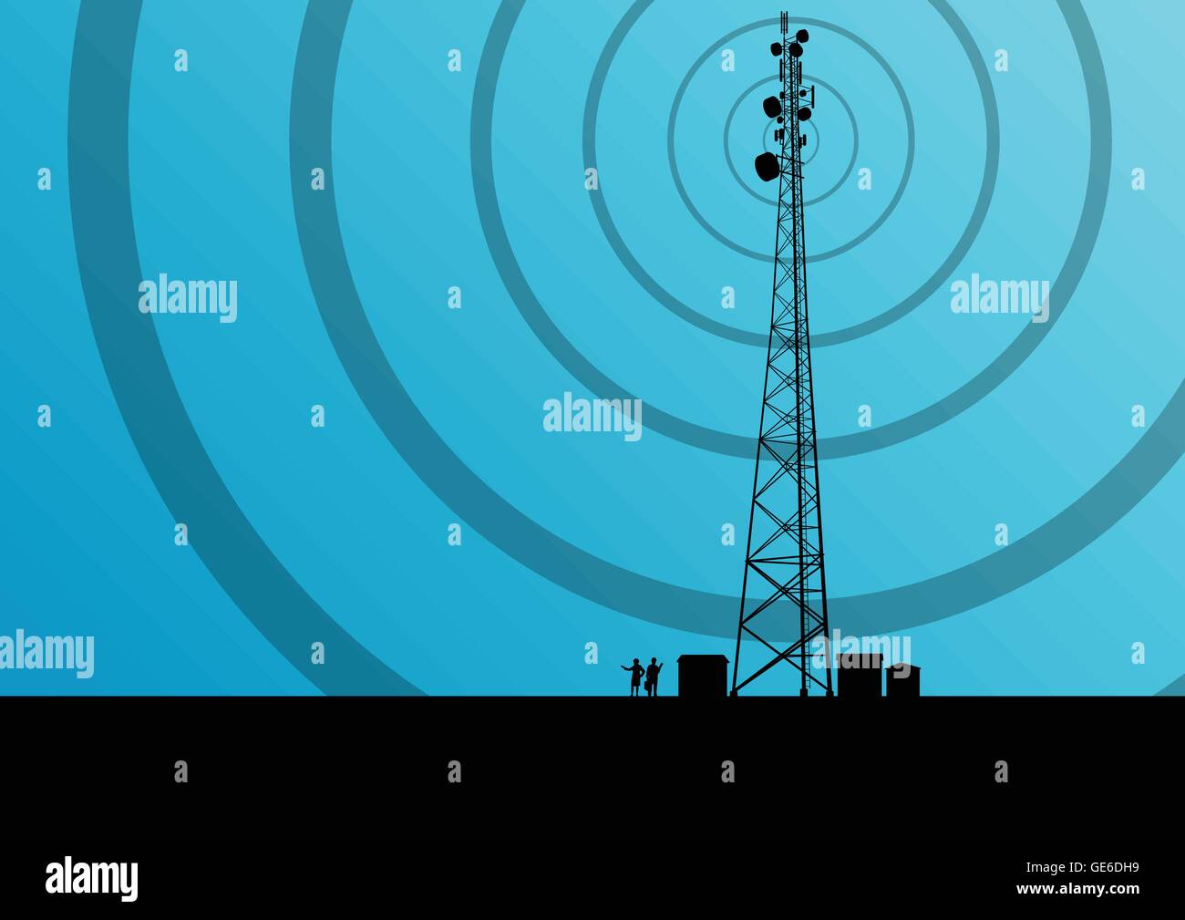 Telecommunications mobile phone base station radio tower with engineers ...