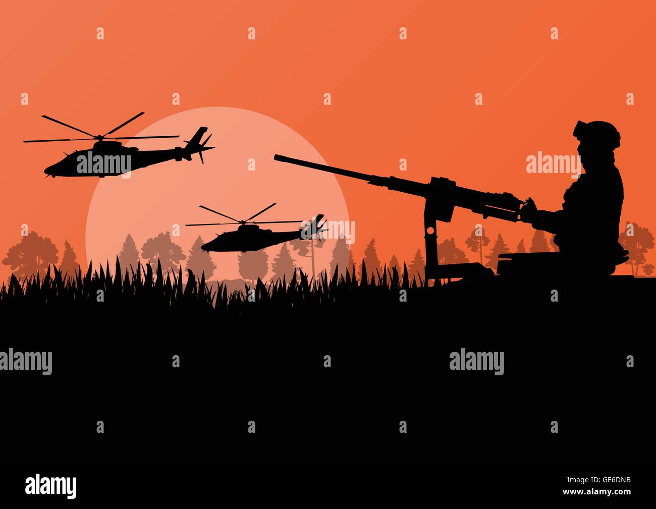 Army soldier with helicopters, guns and transportation in wild mountain ...