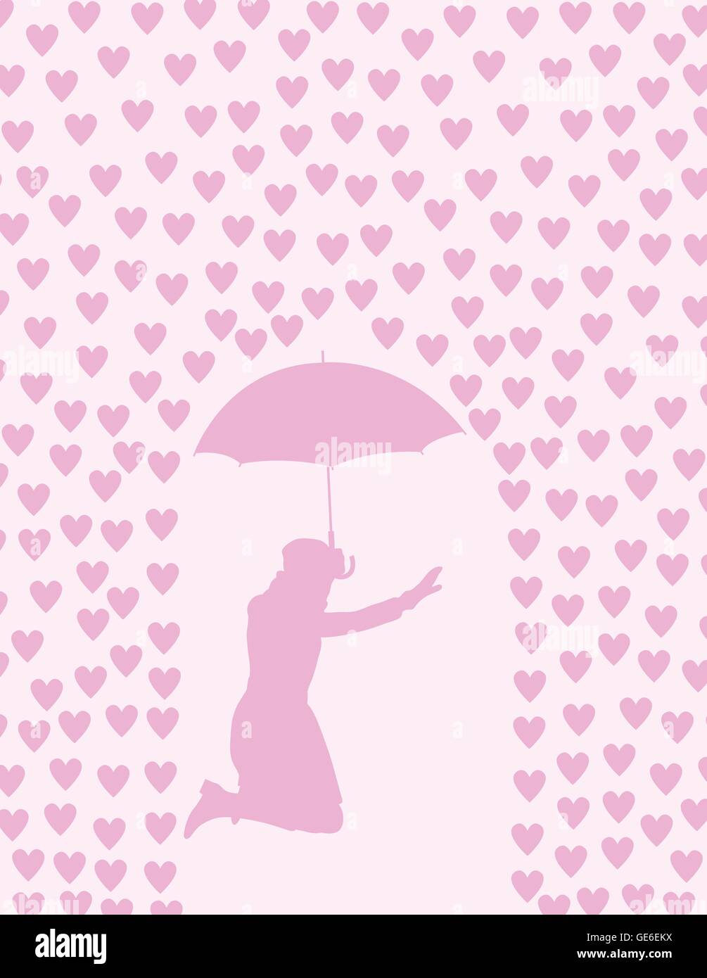 Valentines day card with raining hearts and woman with umbrella concept ...
