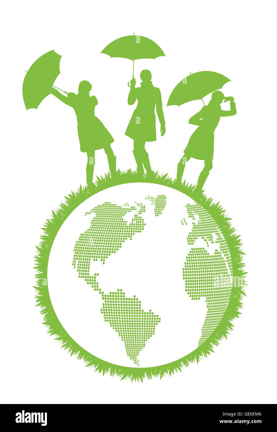 Ecology world concept with woman and umbrella protecting planet Earth ...