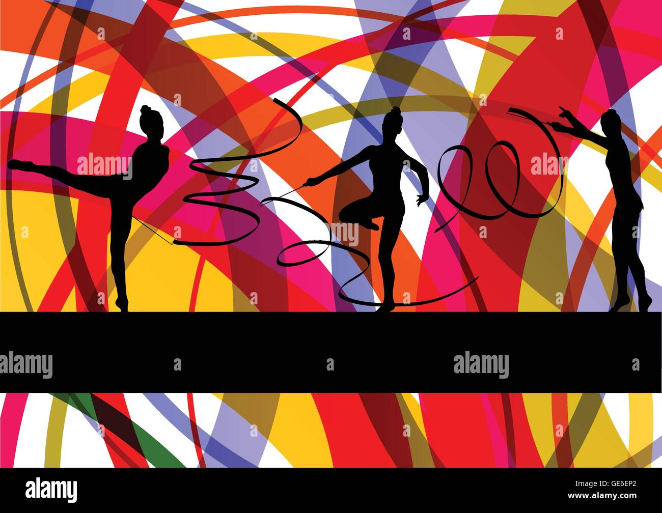 Young women doing calisthenics art gymnastics sport tricks with ribbon ...