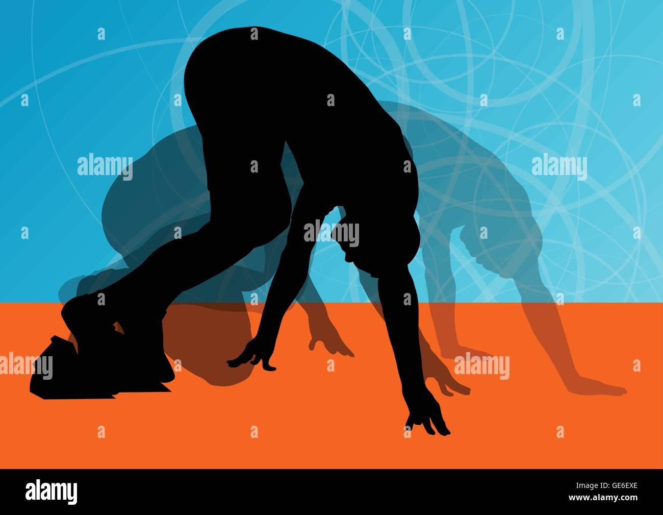 Sprinter getting ready to start the race with starting blocks for ...