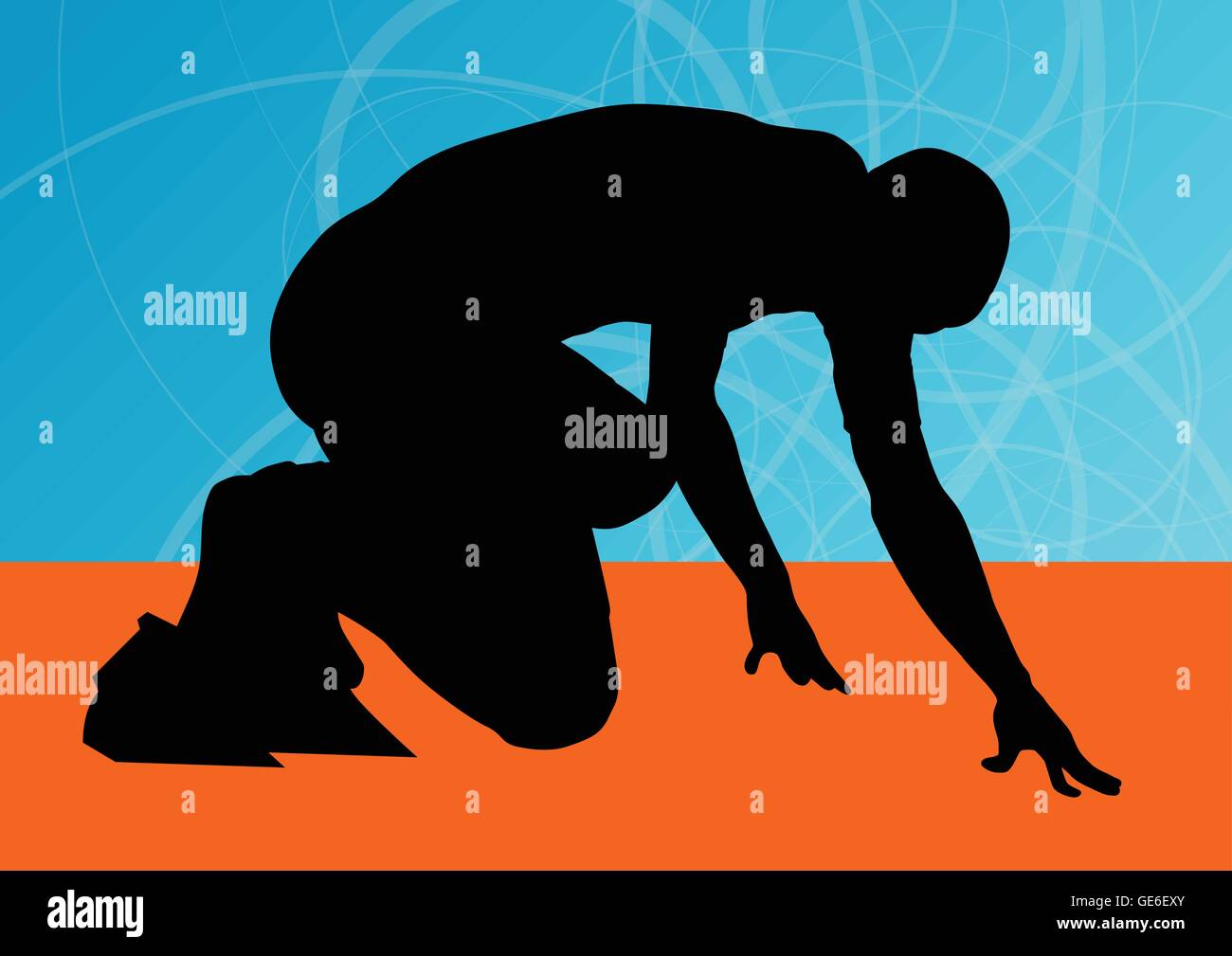 Sprinter getting ready to start the race with starting blocks for ...