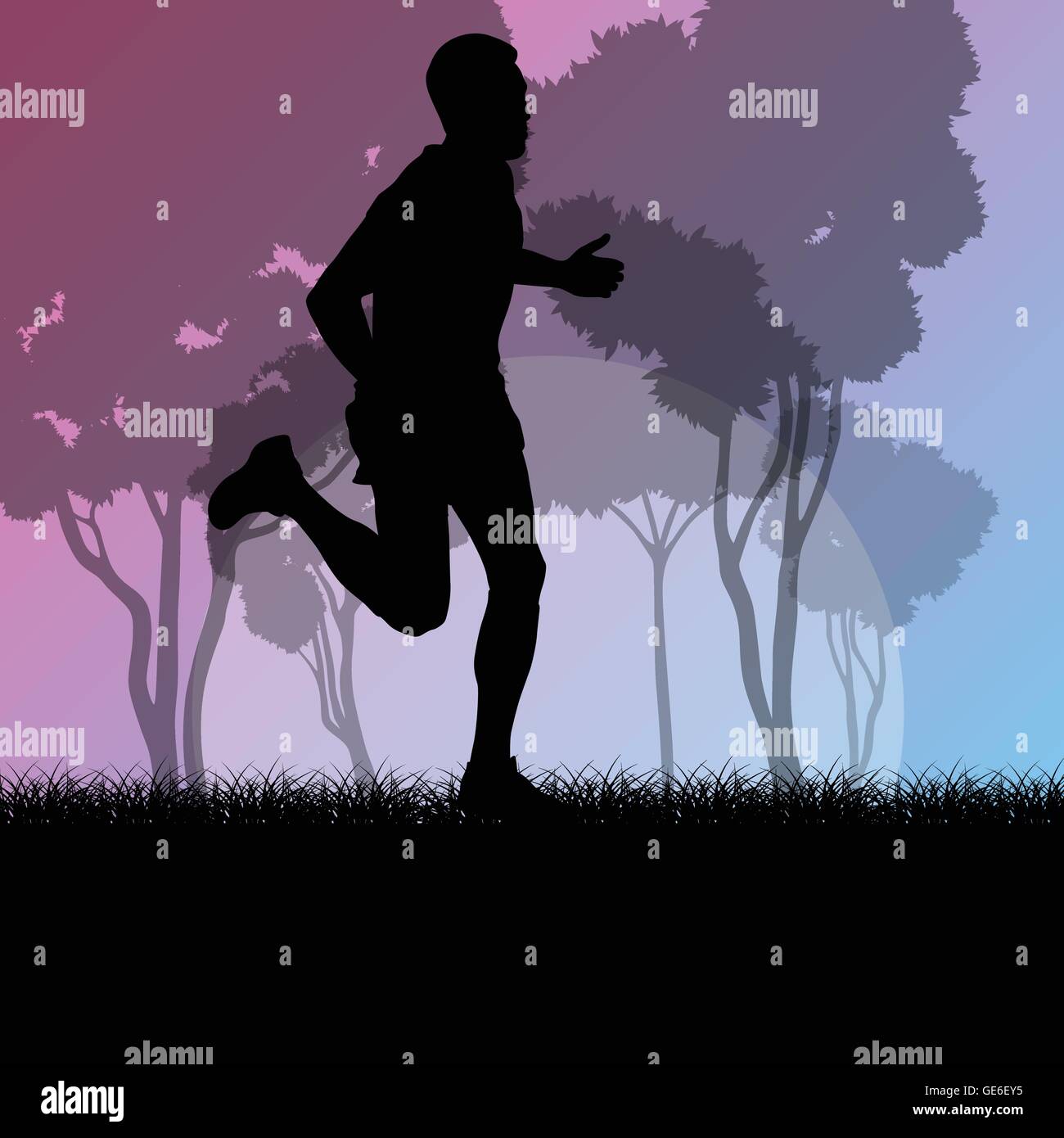 Fitness young man runner running in forest landscape vector ...