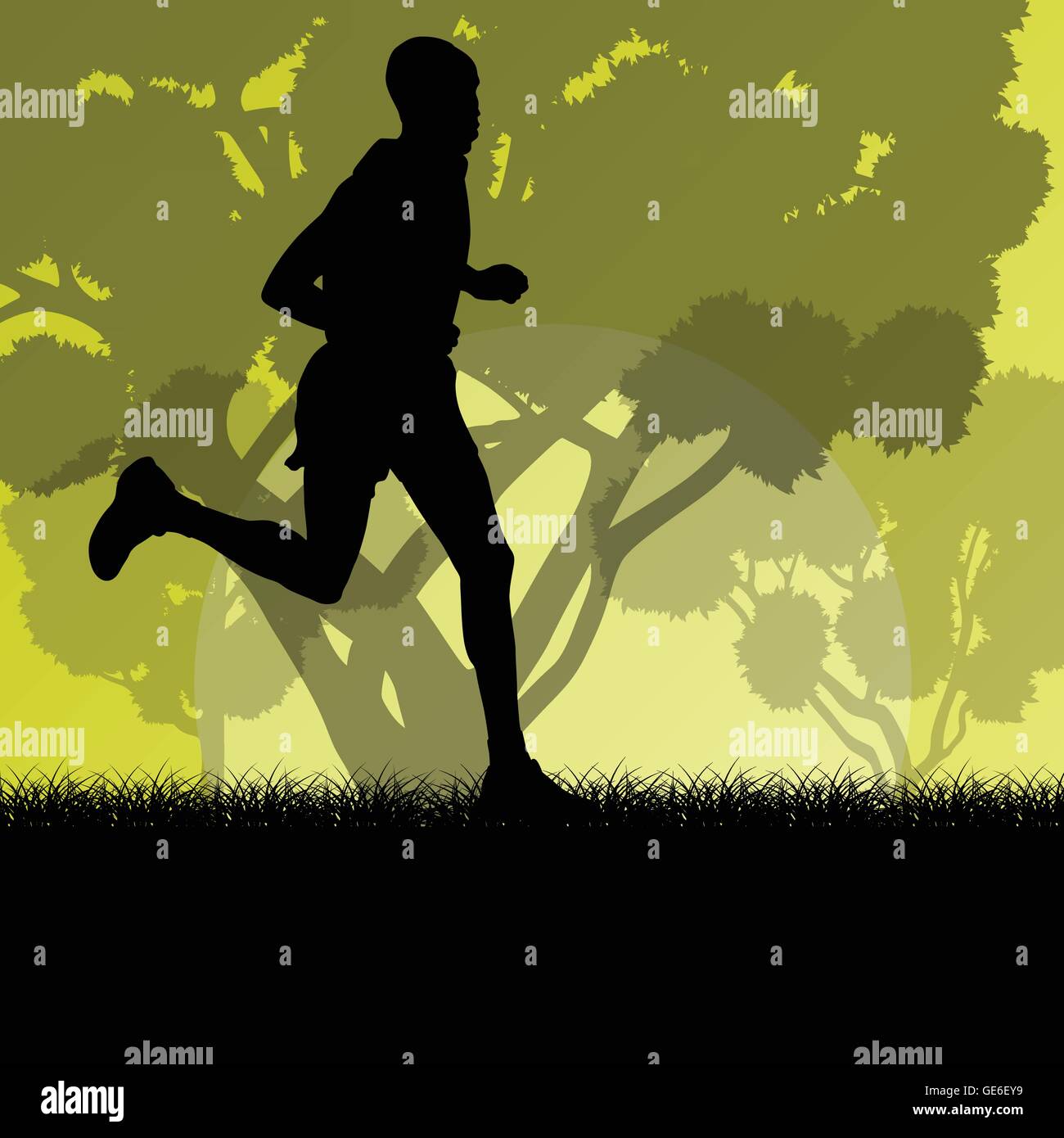 Fitness young man runner running in forest landscape vector ...