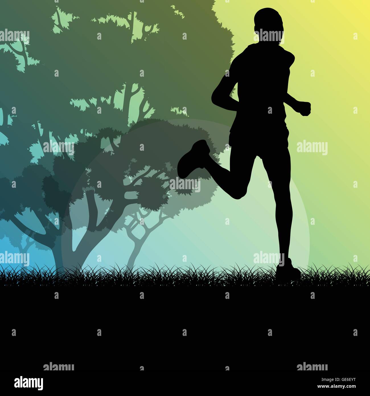 Fitness young man runner running in forest landscape vector ...