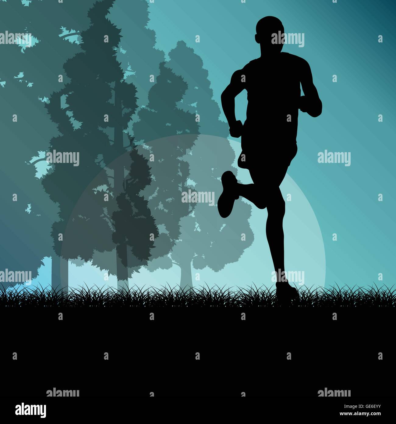 Fitness young man runner running in forest landscape vector ...