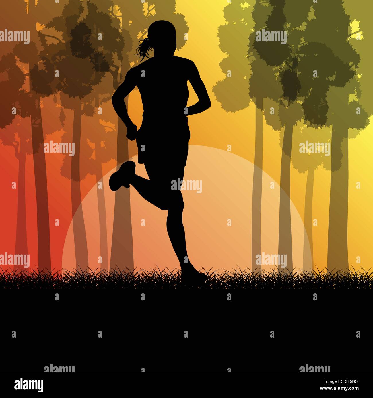 Fitness young woman runner running in forest landscape vector ...