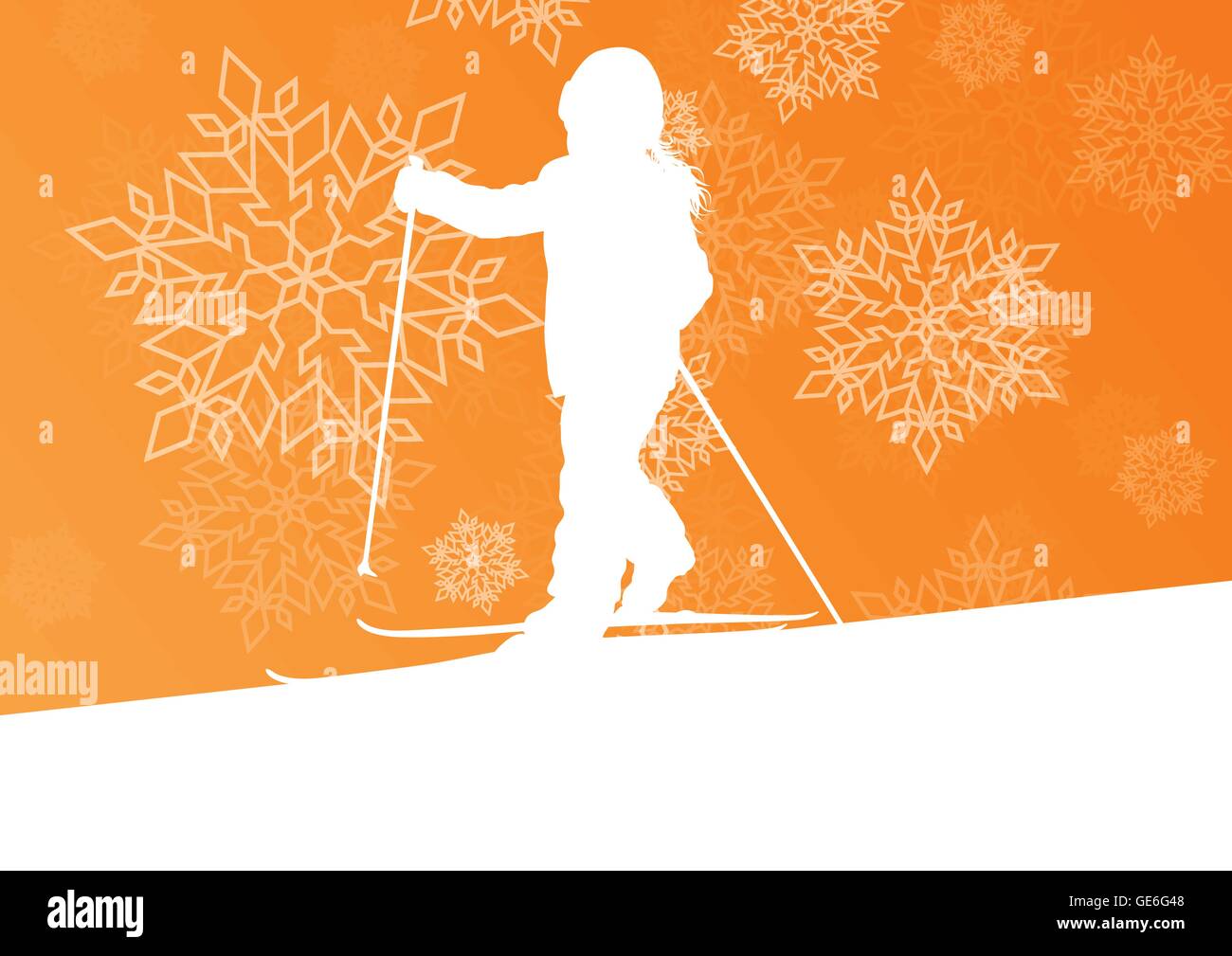 Kid skiing young skier skiing winter background concept with snowflakes ...