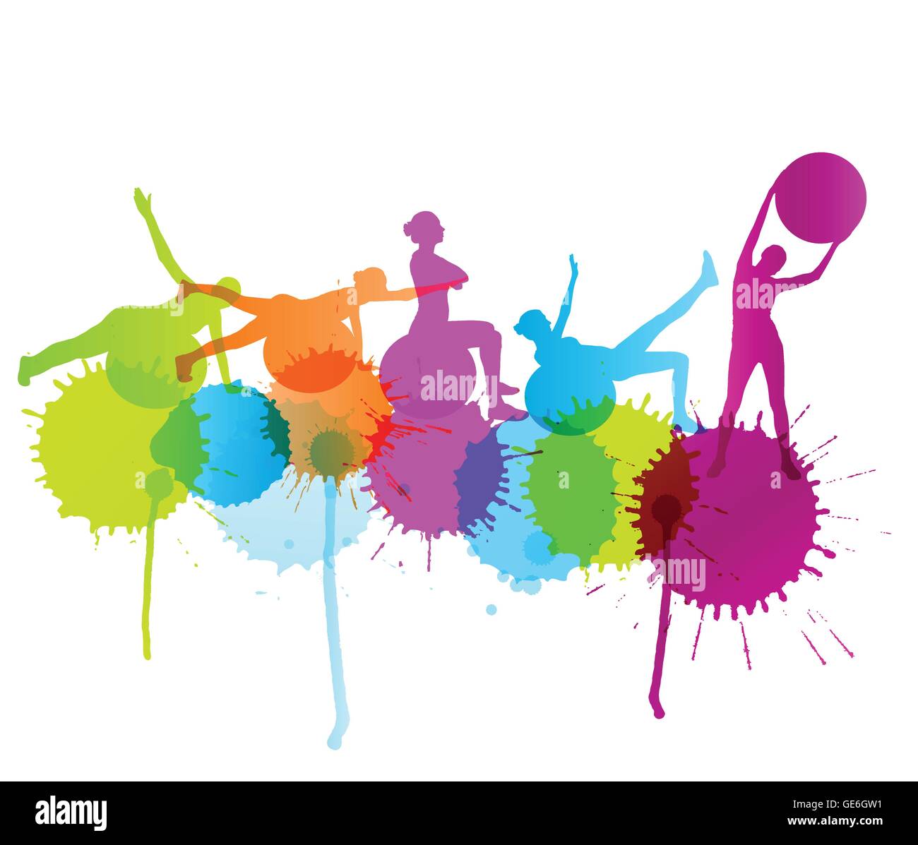 Woman on fitness ball exercises vector background concept with color ...