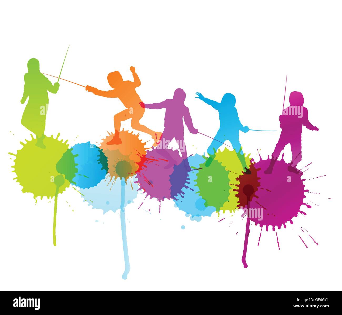 Fencing sport silhouette vector background concept with color splashes ...
