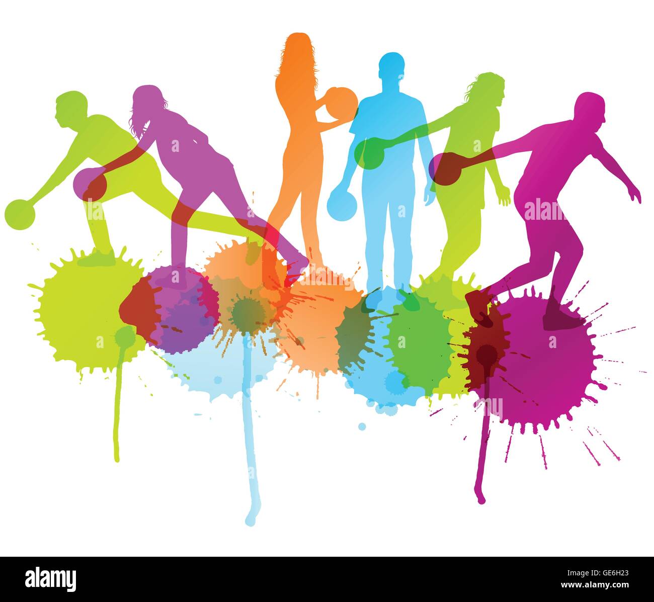 Bowling player silhouettes vector background concept with ink splashes ...