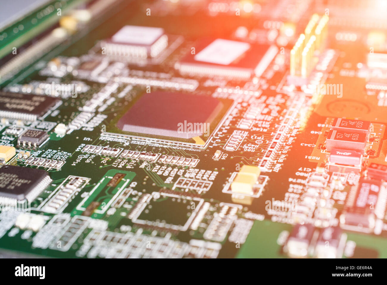 Detail of an electronic printed circuit board with many electrical ...