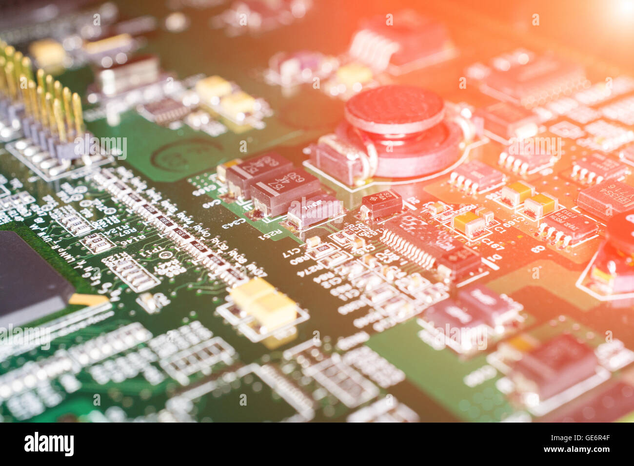 Detail of an electronic printed circuit board with many electrical ...