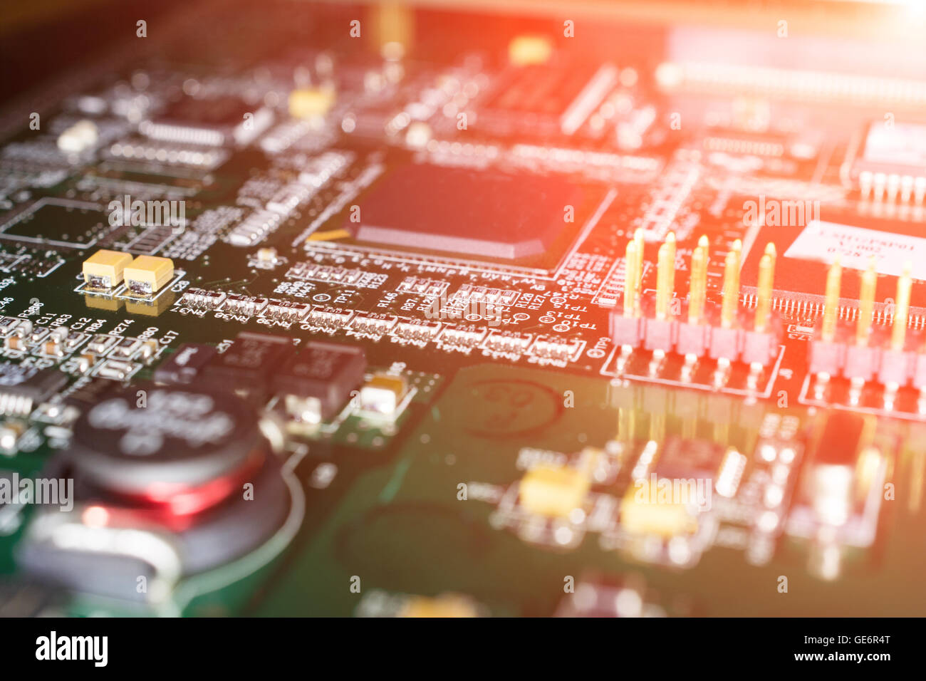 Detail of an electronic printed circuit board with many electrical ...