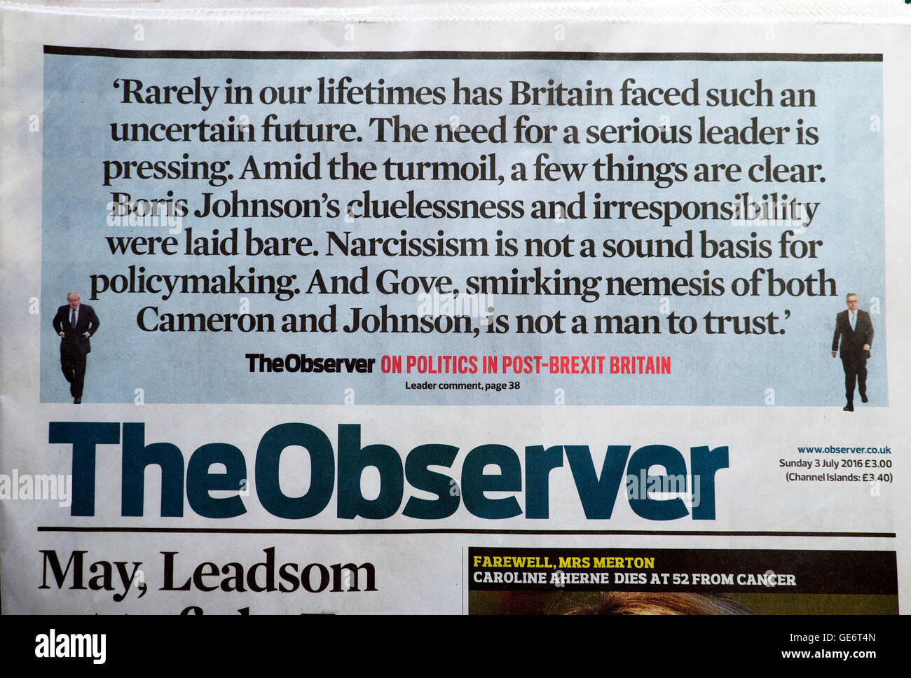 The Observer newspaper front page headline article leader comment ...