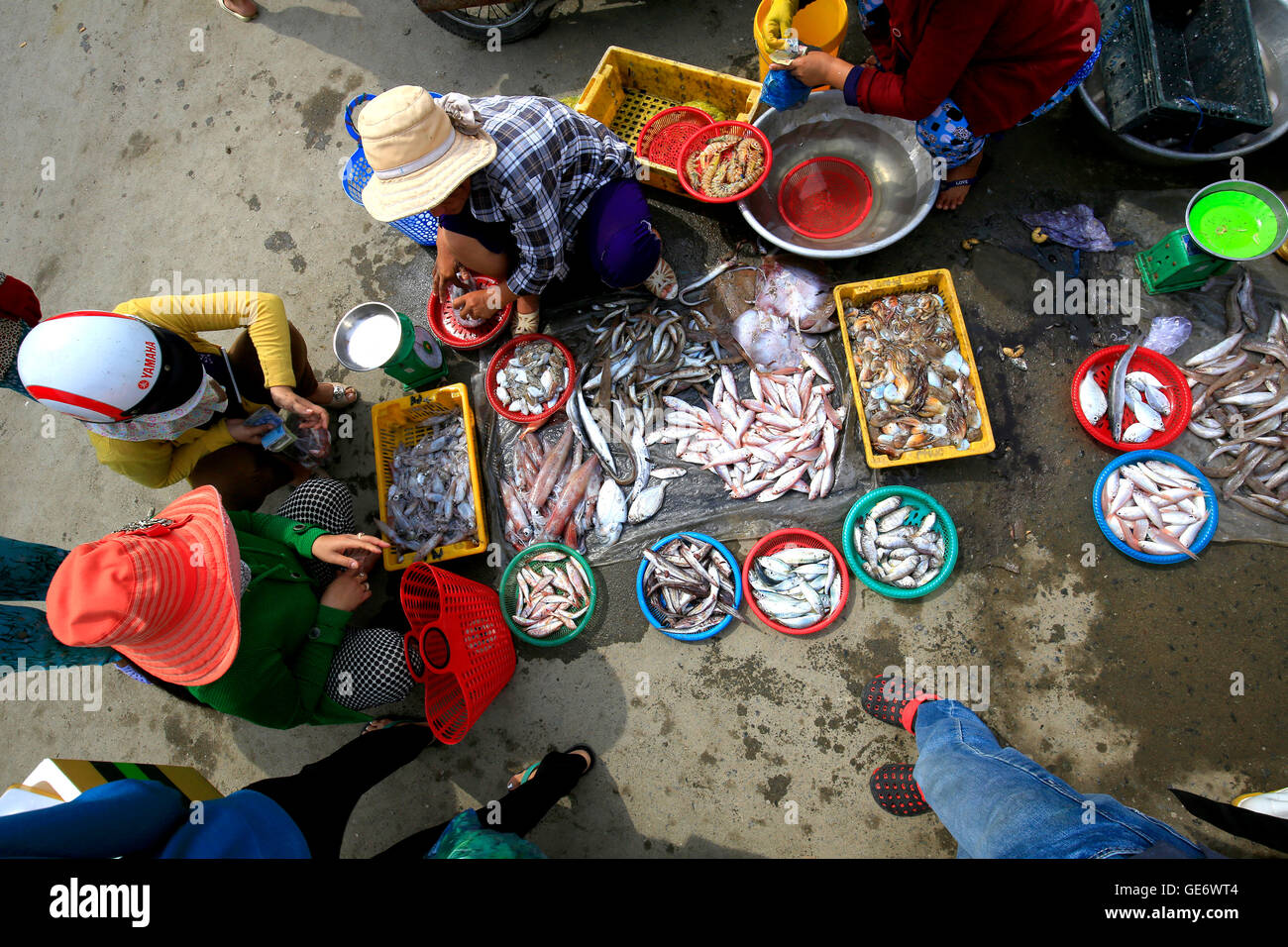 Scenery of several market-woman at a fish market Stock Photo - Alamy