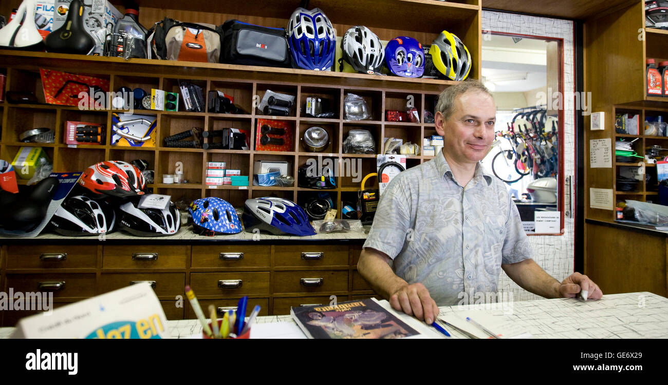 Dominique Leduc poses in his bicycle store in Amboise in France, 25 ...