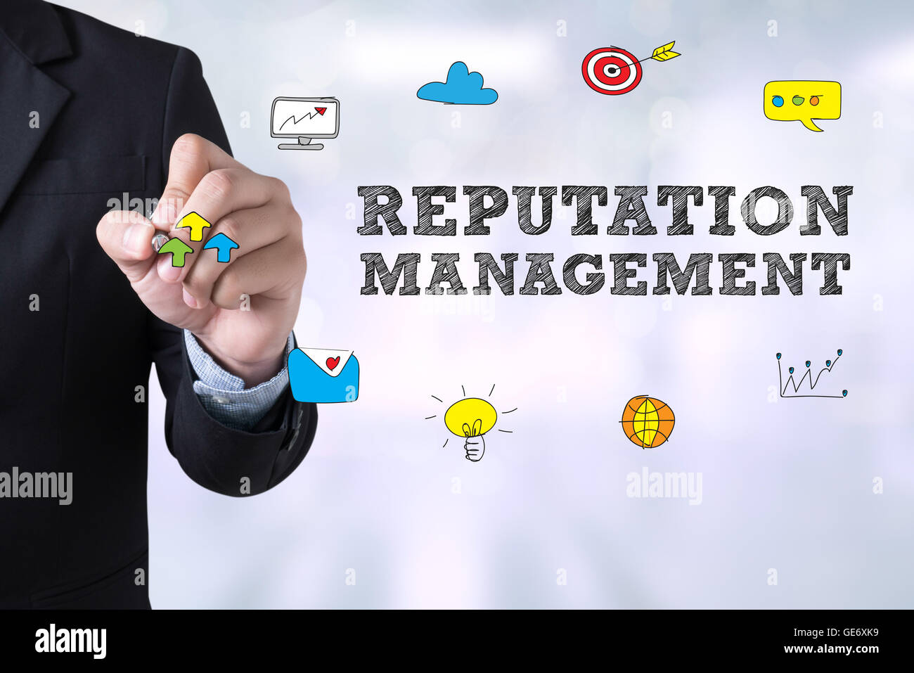 REPUTATION MANAGEMENT CONCEPT Businessman drawing Landing Page on ...