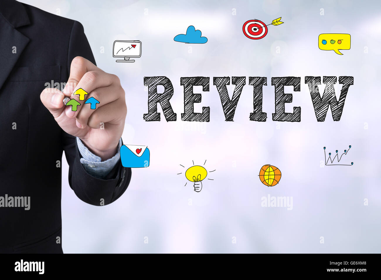 REVIEW Businessman drawing Landing Page on blurred abstract background ...