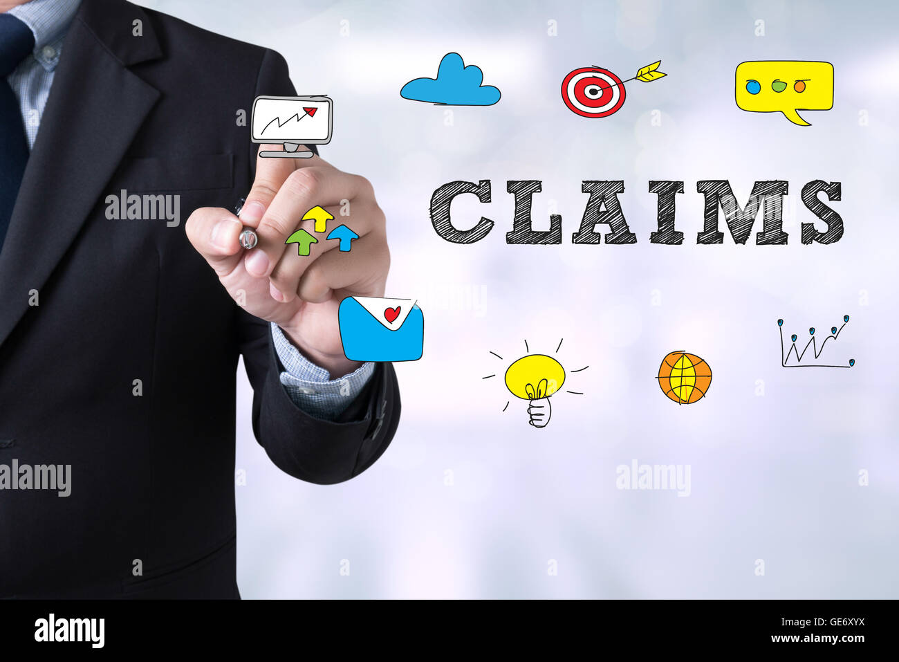 CLAIMS CONCEPT Businessman drawing Landing Page on blurred abstract ...