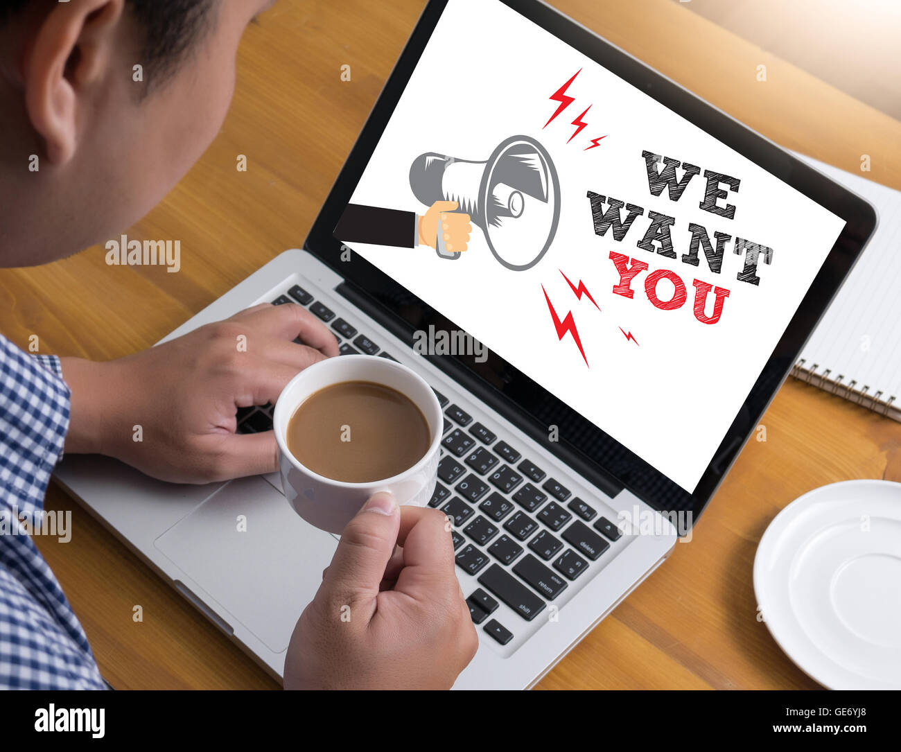 We want you Concept, Businessman at work. Close-up top view of man ...