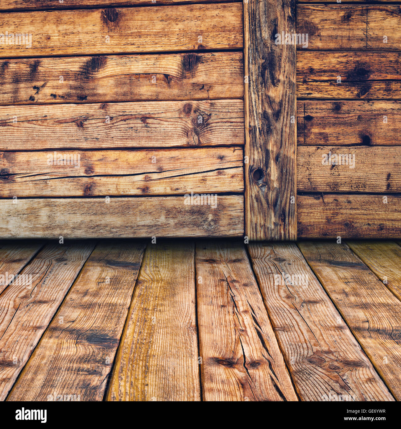 Wooden 3d room interior for product placement, weathered floor and wall ...