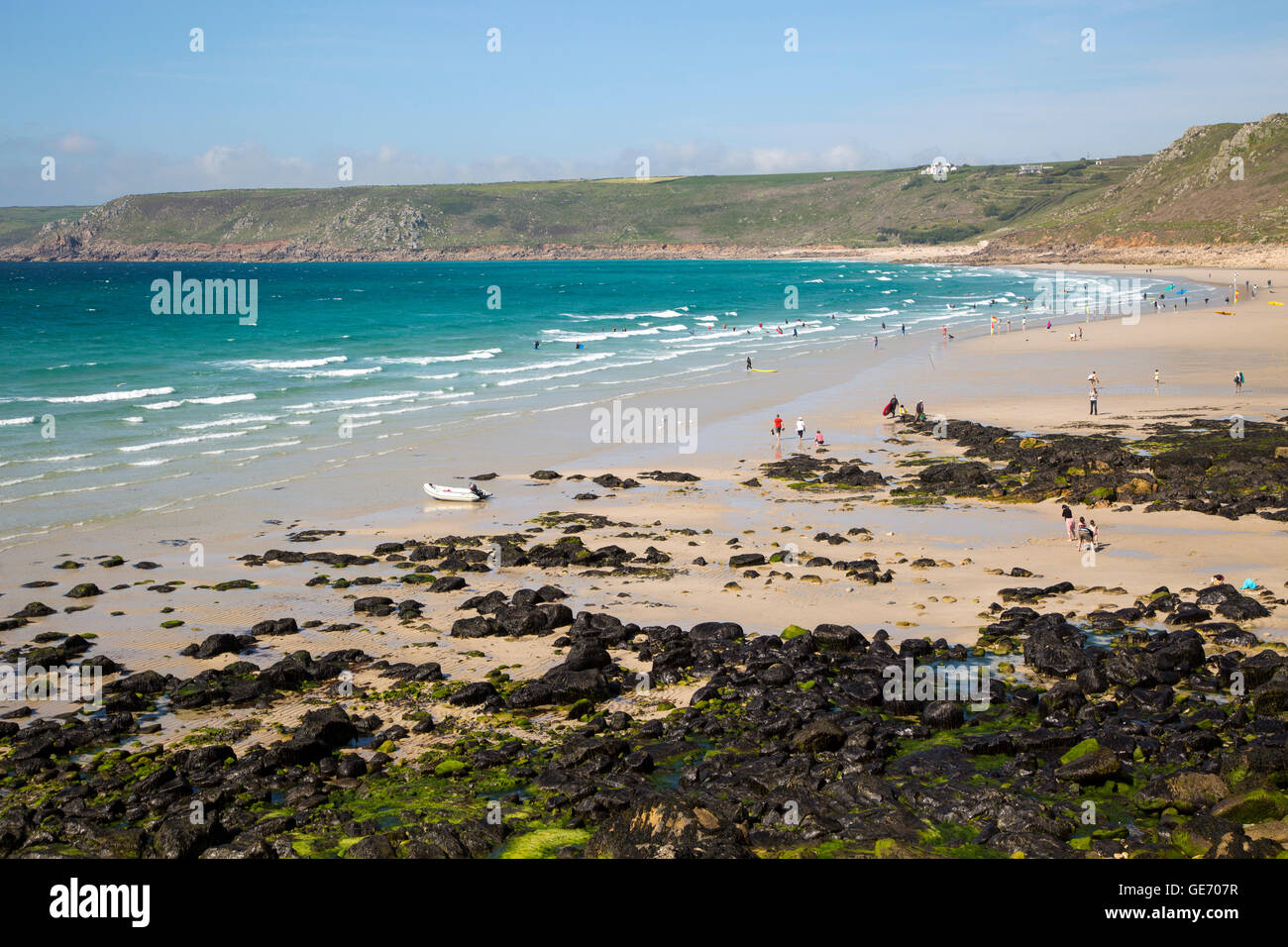 Coastal scenery sandy beach, Sennan Cove, Land's End, Cornwall, England ...
