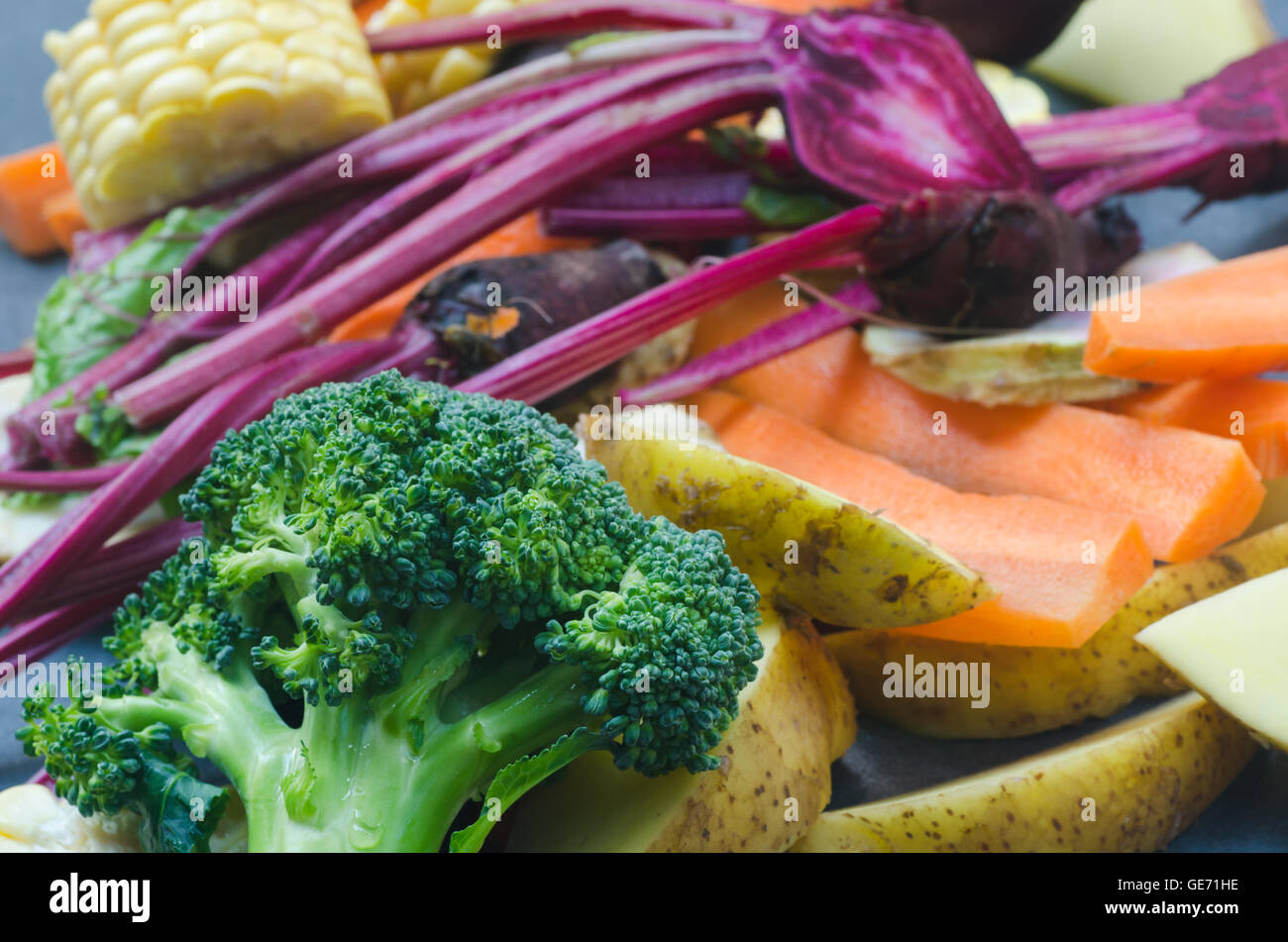 group of fresh vegetables on table Stock Photo - Alamy