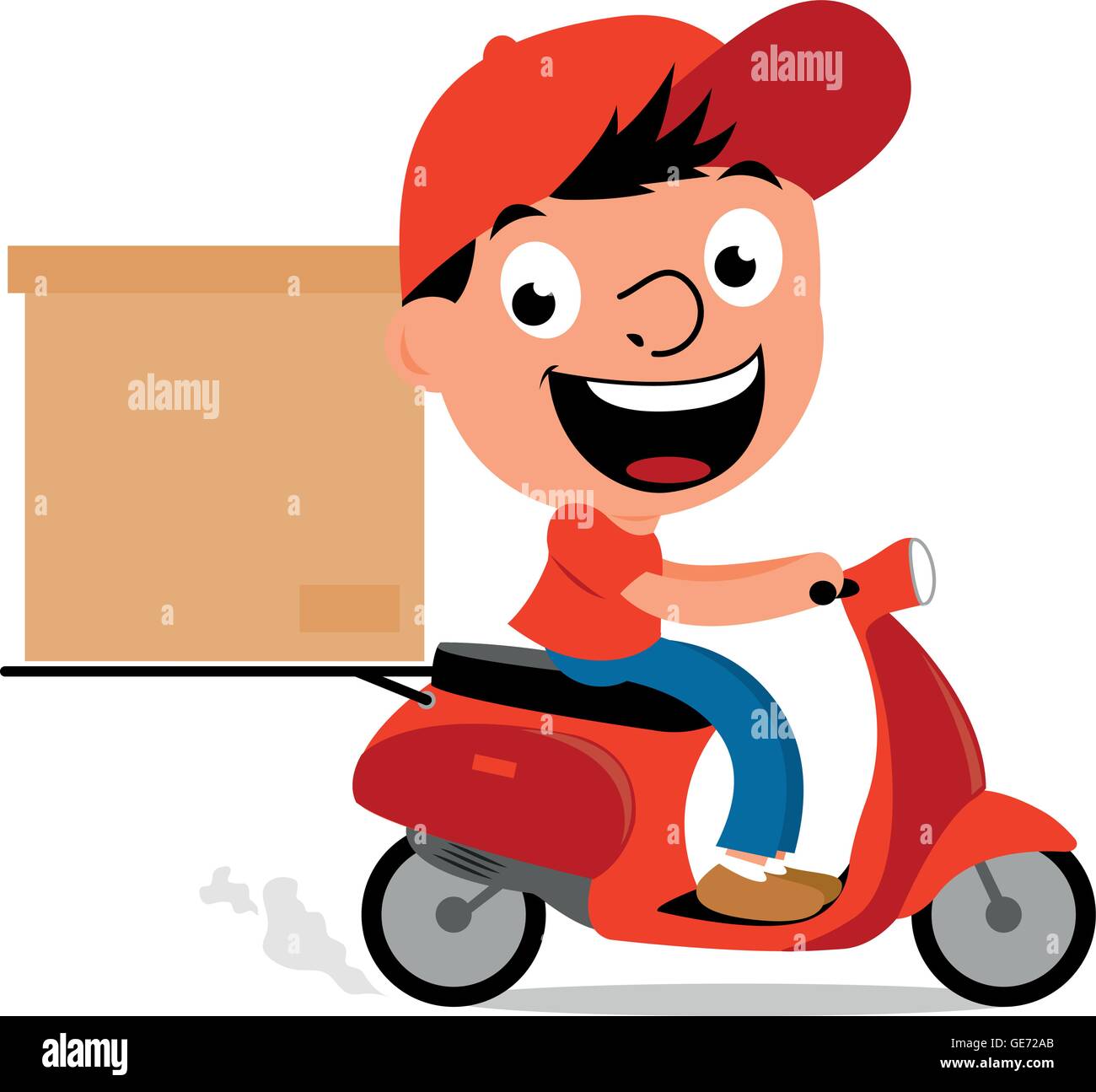 Delivery man riding a scooter. Cartoon courier driver in moped ...