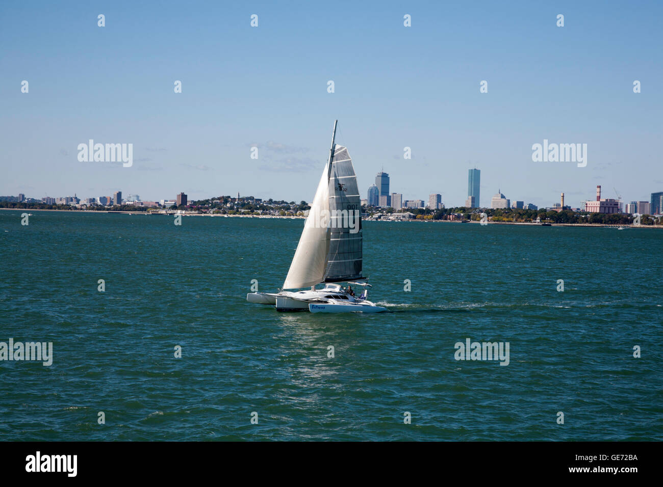 Catamaran sailing around Boston harbor and islands an area of ...