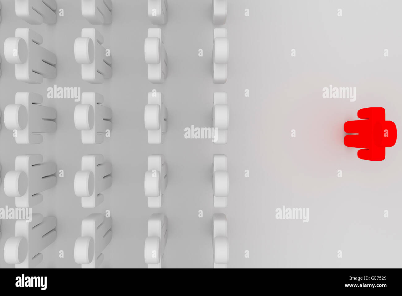 one red man in front of a crowd of plain people, view from above, 3d ...