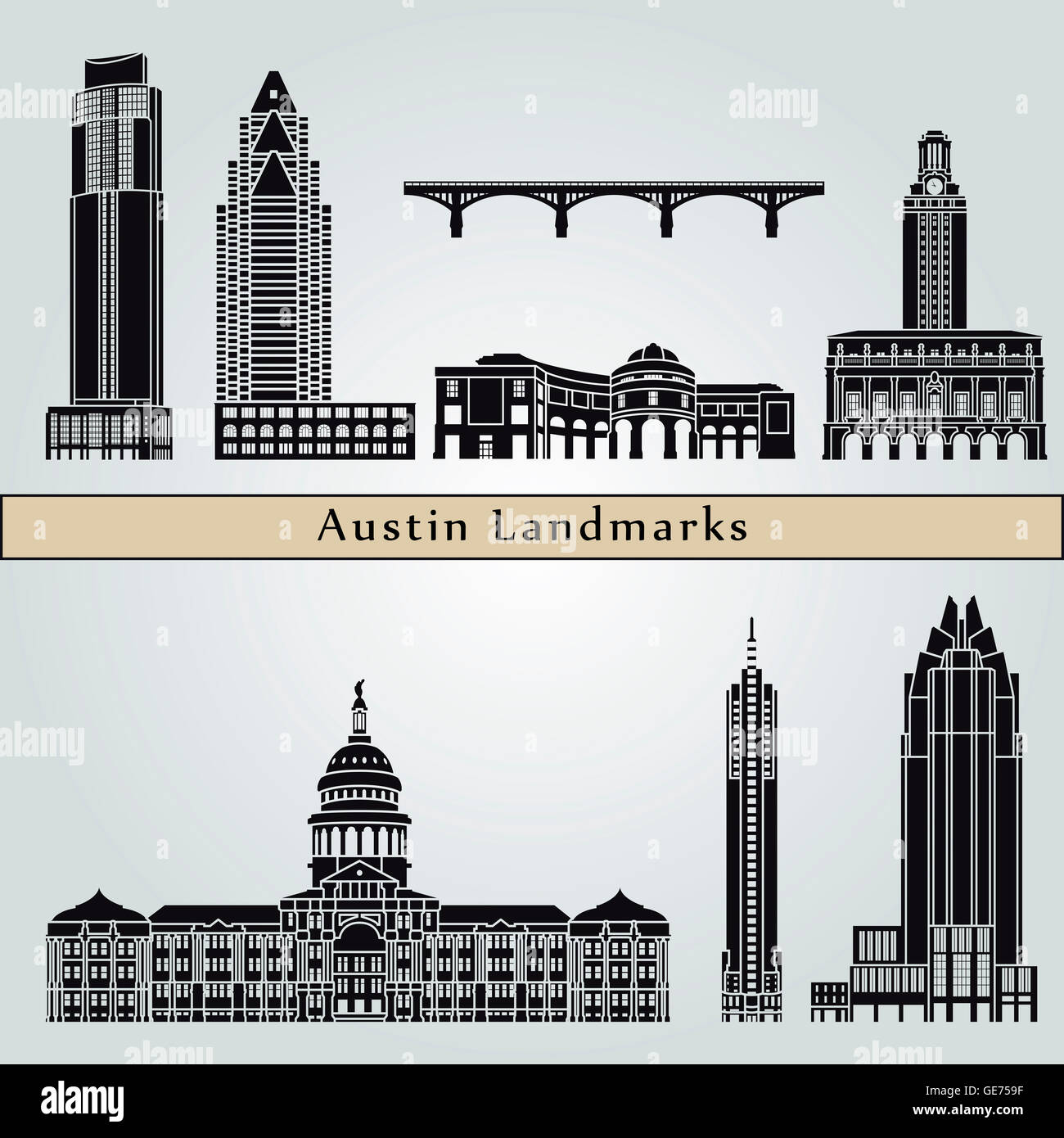 Austin landmarks and monuments isolated on blue background in editable ...