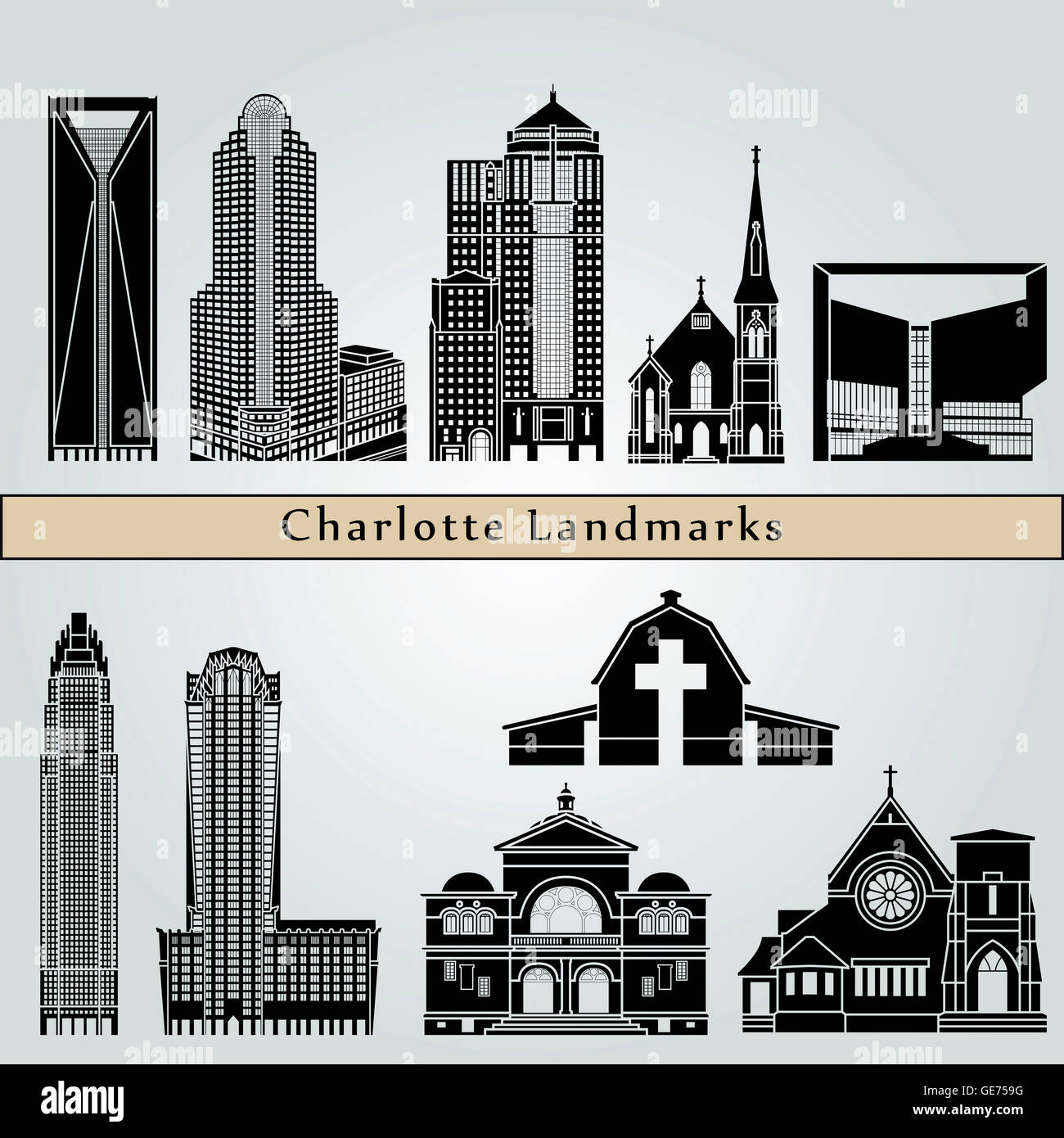 Charlotte landmarks and monuments isolated on blue background in ...