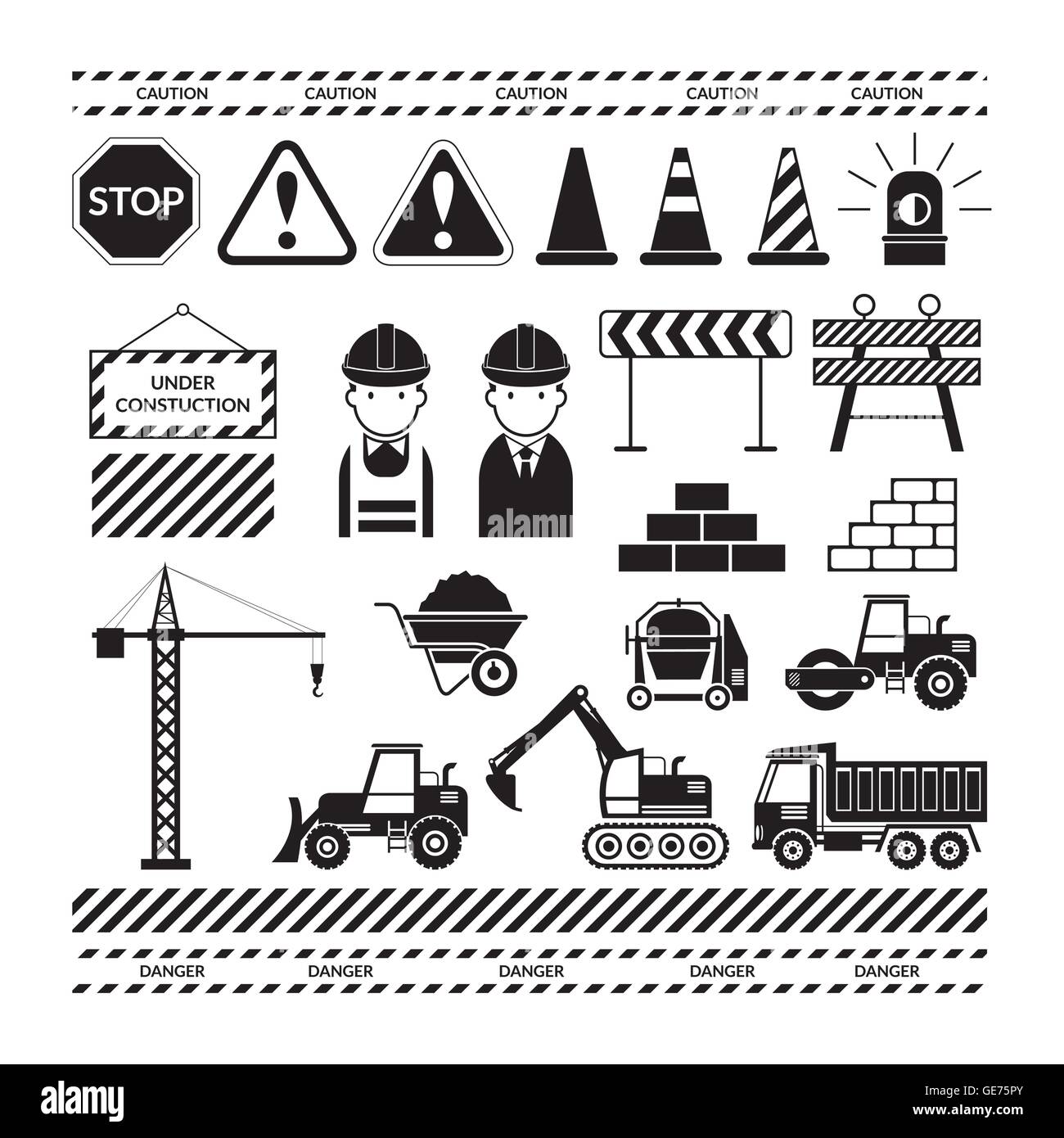 Construction Objects Silhouette Set, Black & White, Monochrome, Worker, Equipment, Vehicles ...
