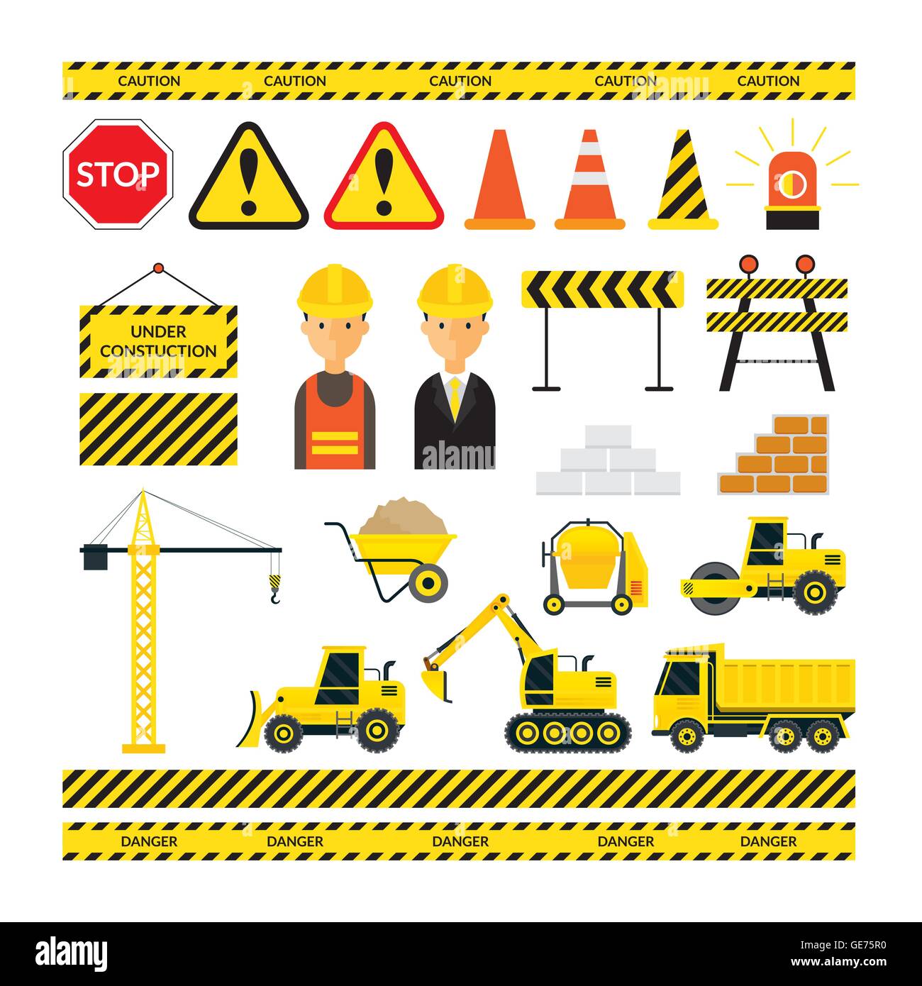 Construction Objects Set, Worker, Equipment, Vehicles Stock Vector ...