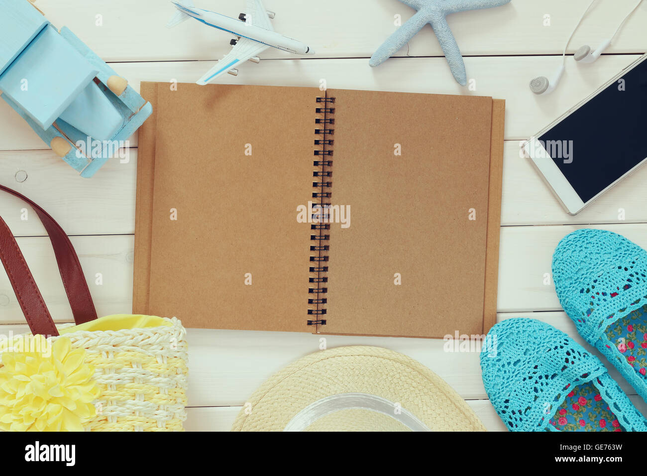 Top view of woman vacation accessories and life style objects on white ...