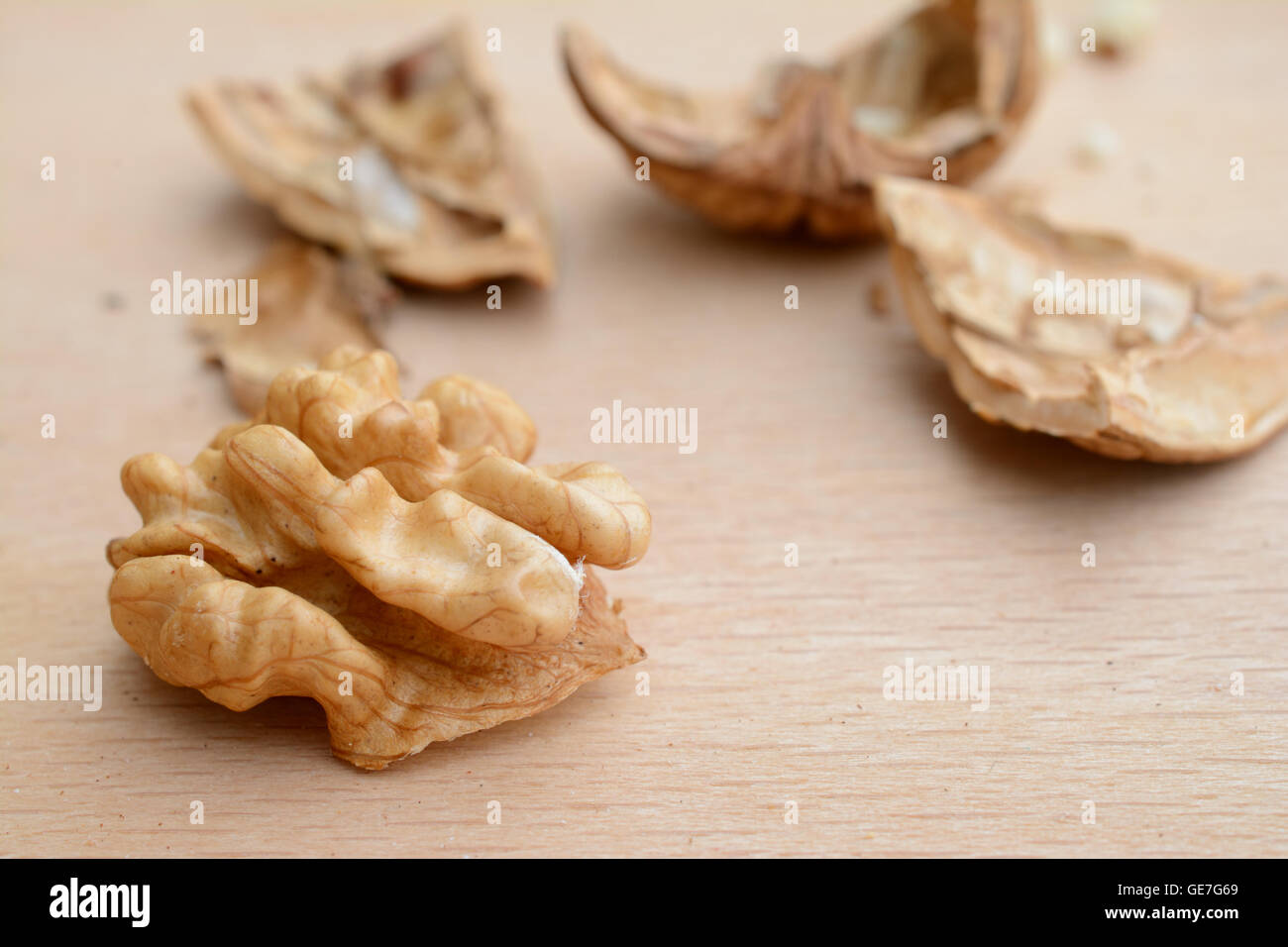 Walnut kernel and cracked nutshell pieces closeup. Shallow depth of ...