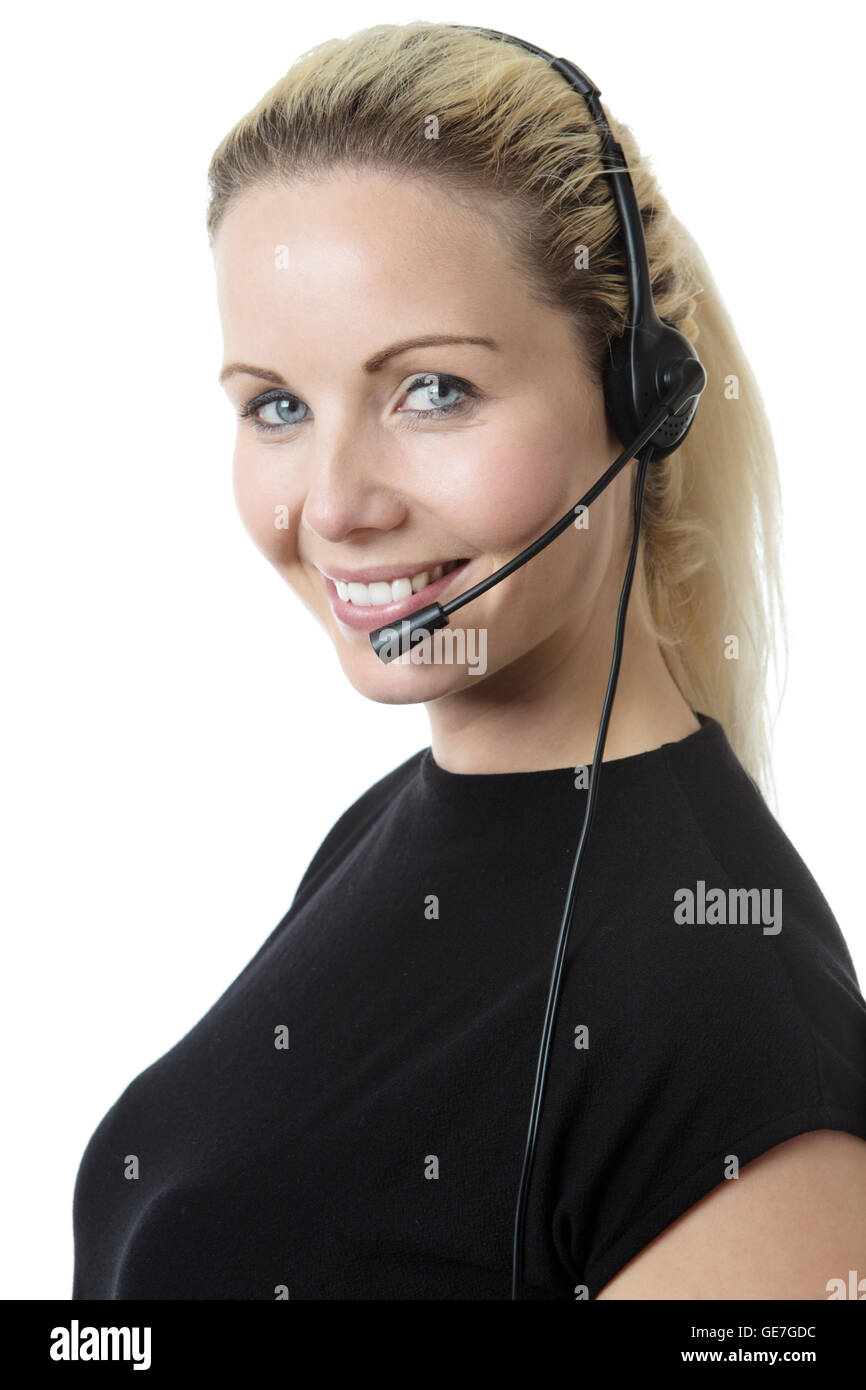 happy business woman taking on the phone using a head set Stock Photo ...