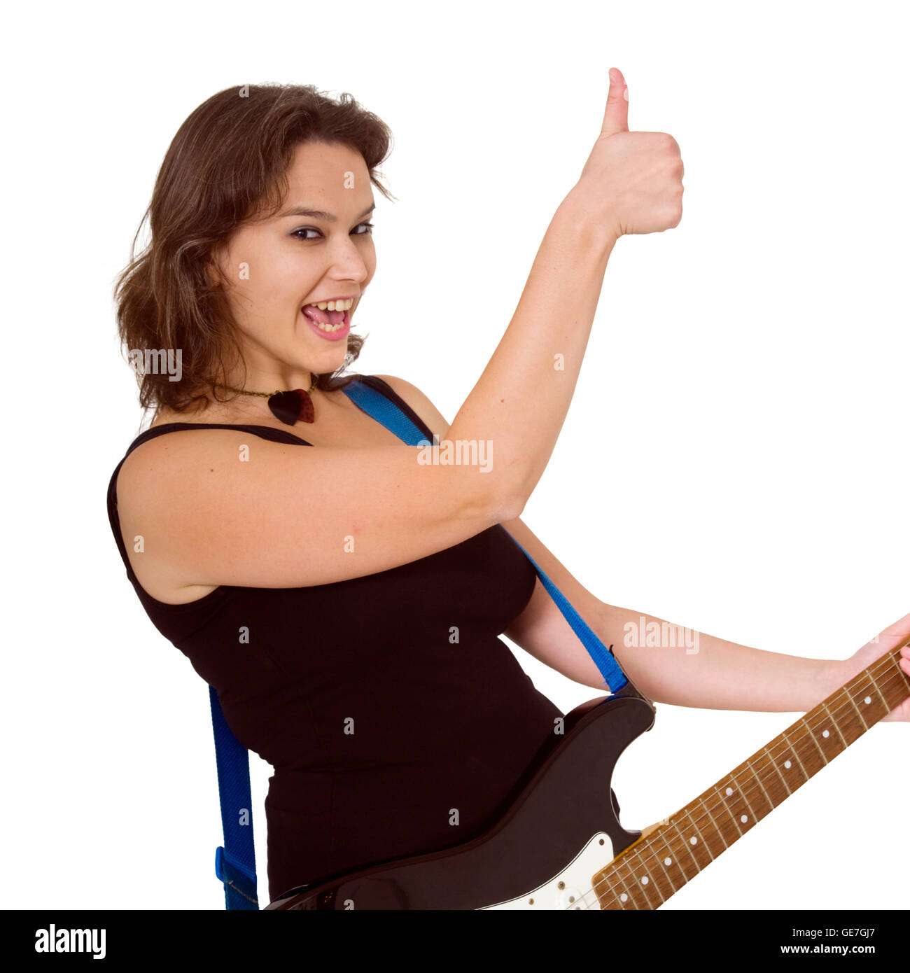 Female guitarist Thumbs Up gesture Stock Photo - Alamy