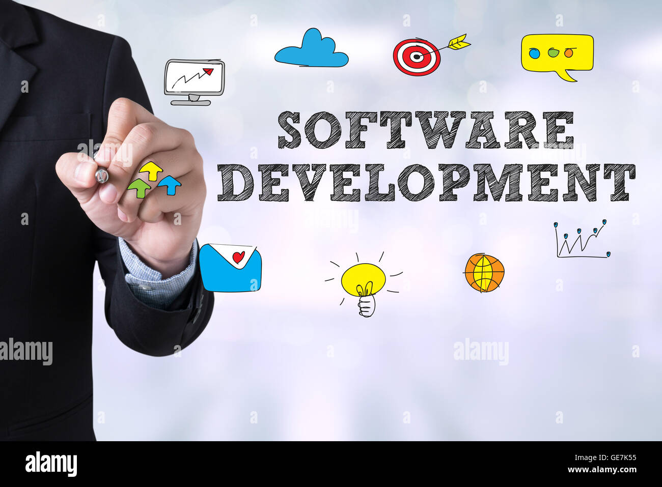 SOFTWARE DEVELOPMENT Businessman drawing Landing Page on blurred ...