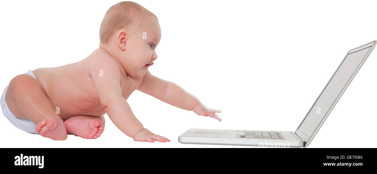 Panoramic shot of cute baby boy using laptop computer Full length of ...
