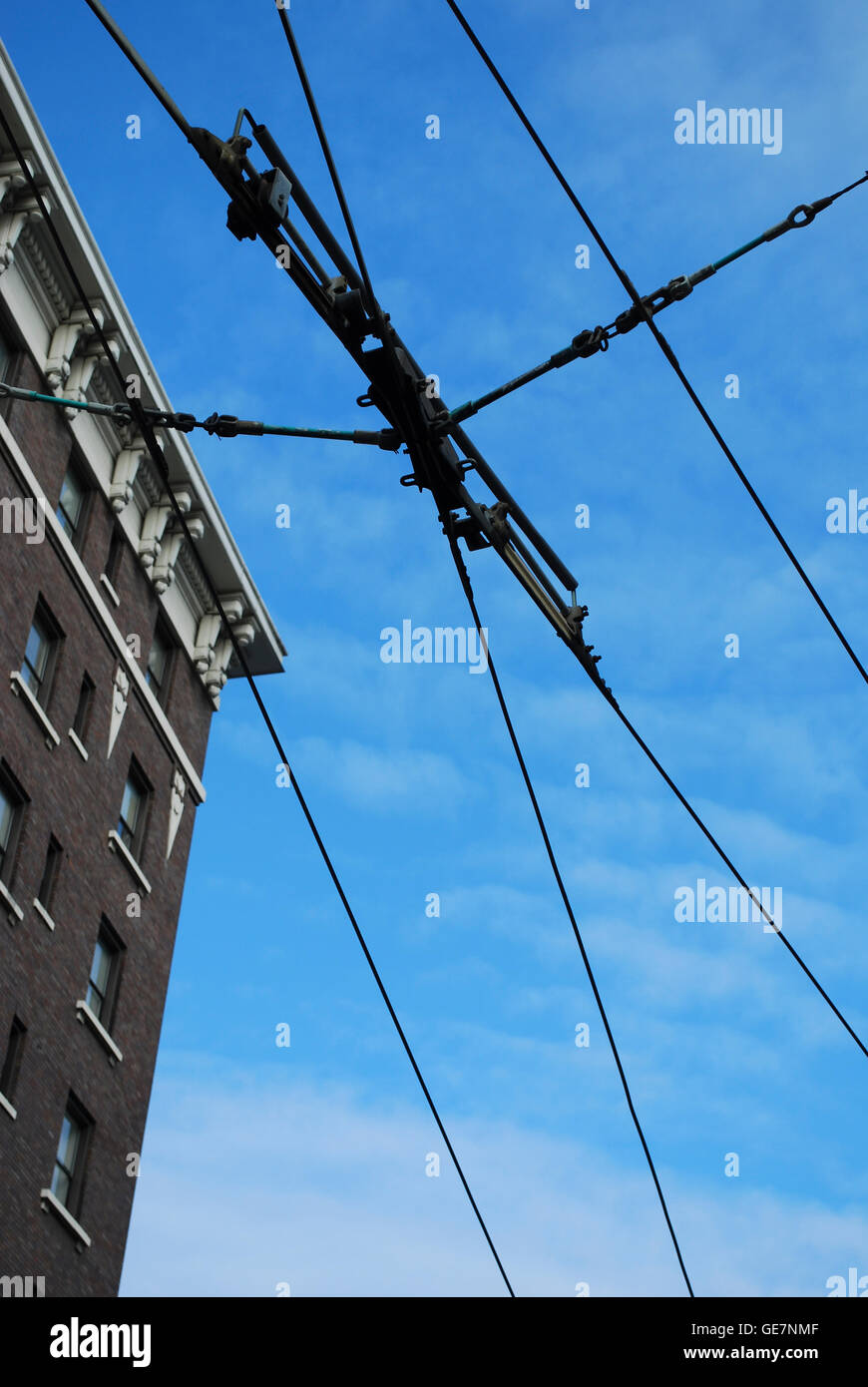Overhead power cables for the trolleybus system in Seattle Washington ...