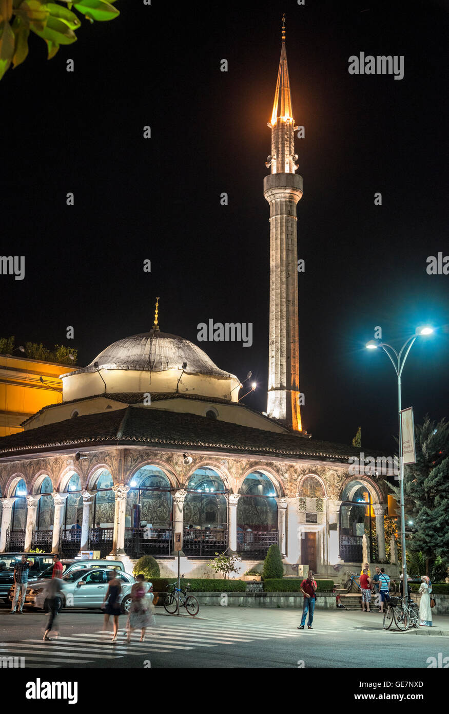 The Et'hem Bey Mosque at night on Skanderbeg Square, Tirana, Albania ...