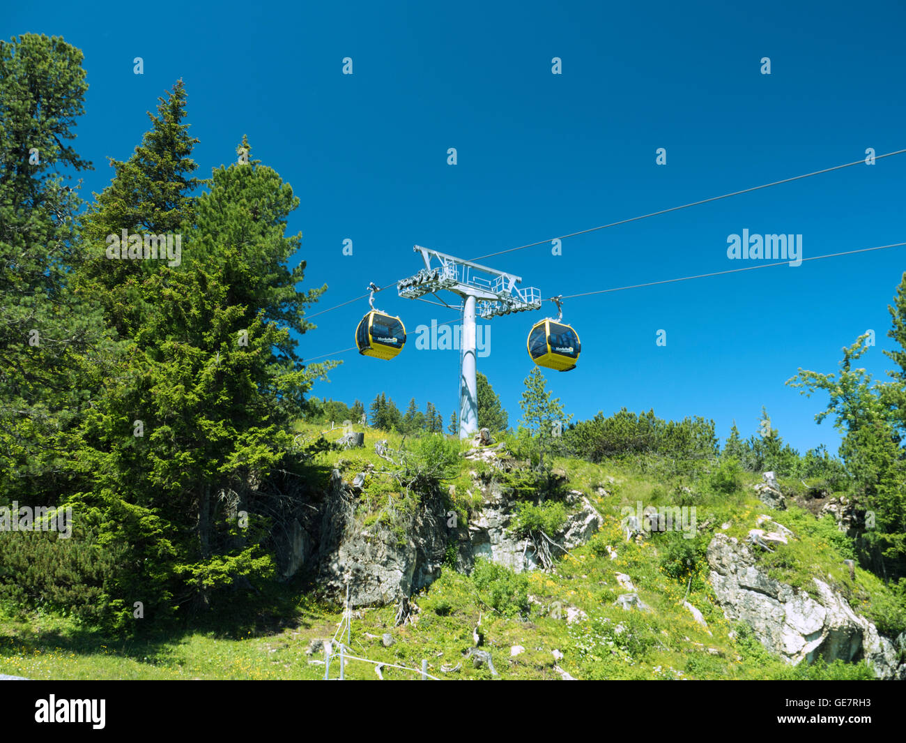 Penkenbahn cable cars passing adjacent support structure Stock Photo ...