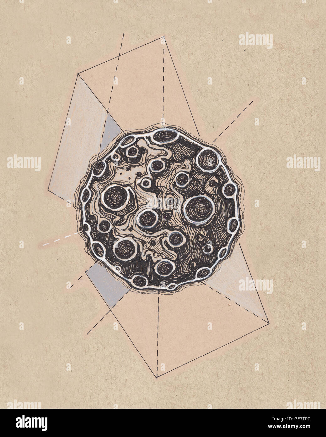 Hand drawn illustration or drawing of a moon and some geometric forms ...