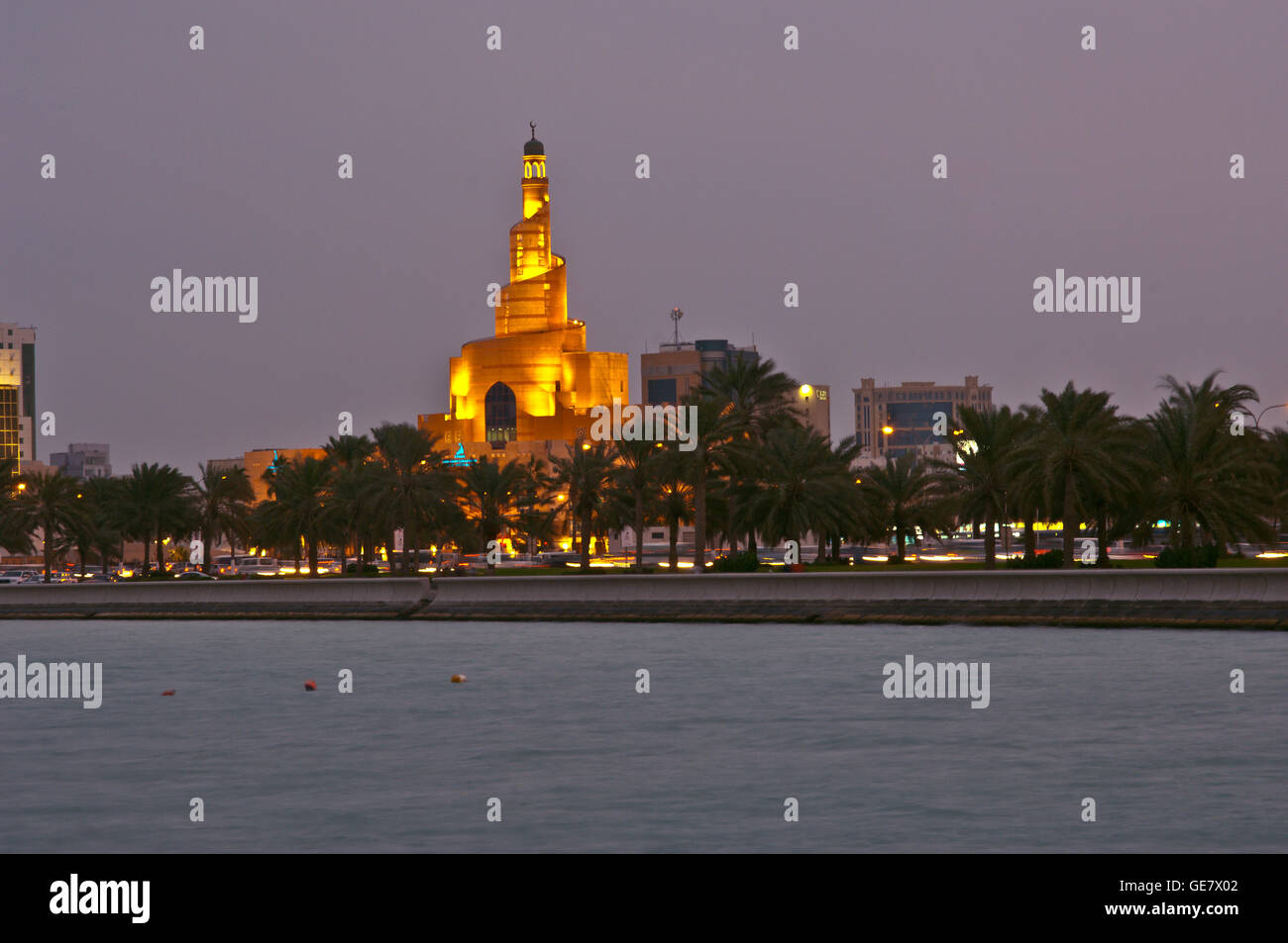 The Illuminated Fanar Qatar Islamic Cultural Center in Doha Stock Photo ...