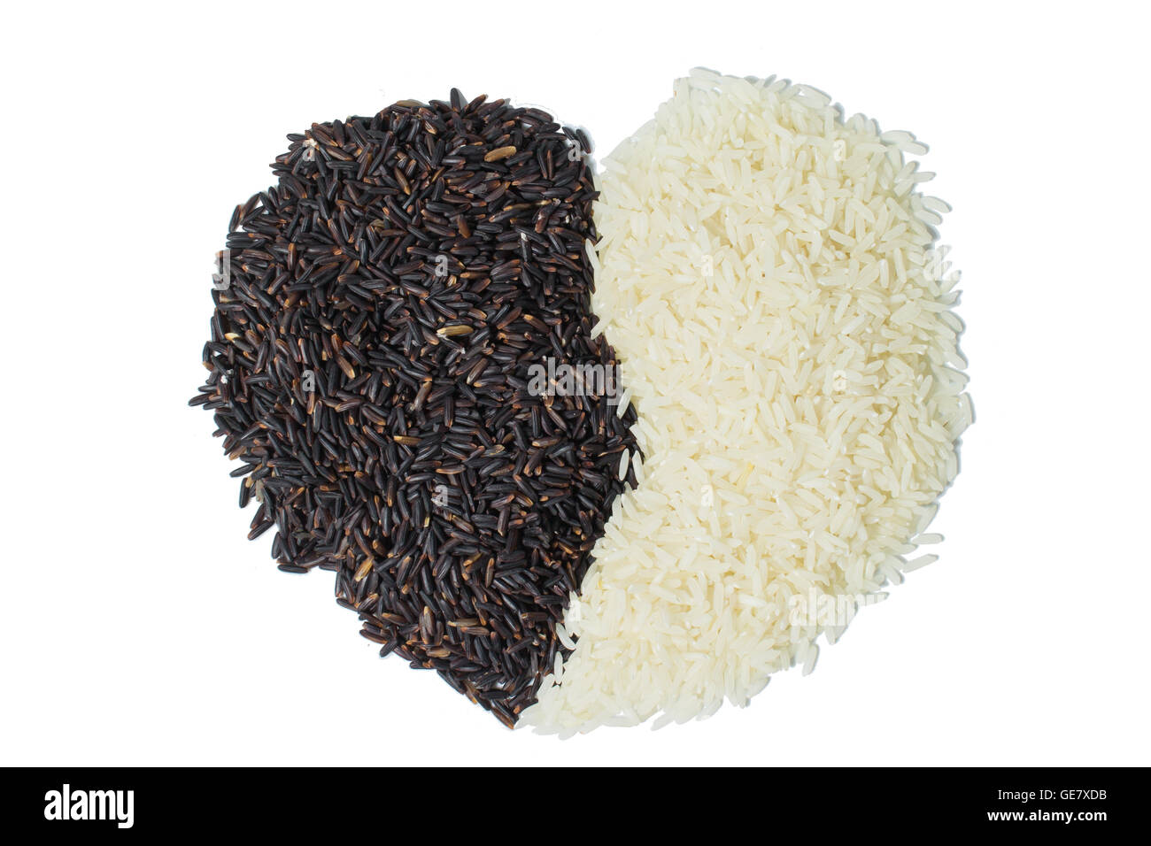 Food background with two rows of rice varieties : berry rice, white ...